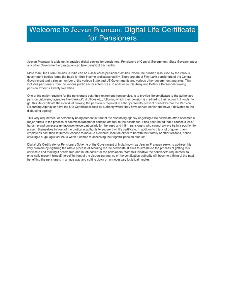 Welcome To Jeevan Pramaan. Digital Life Certificate For Pensioners ...