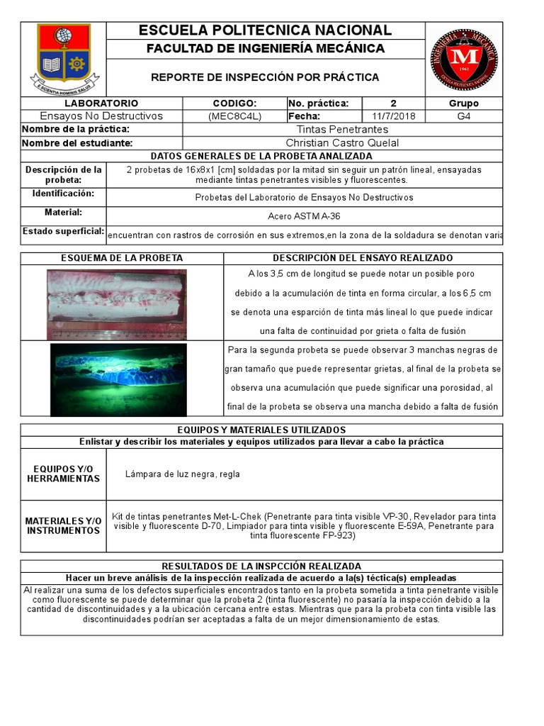Reporte de Inspección Líquidos Penetrantes | PDF | Pruebas no ...