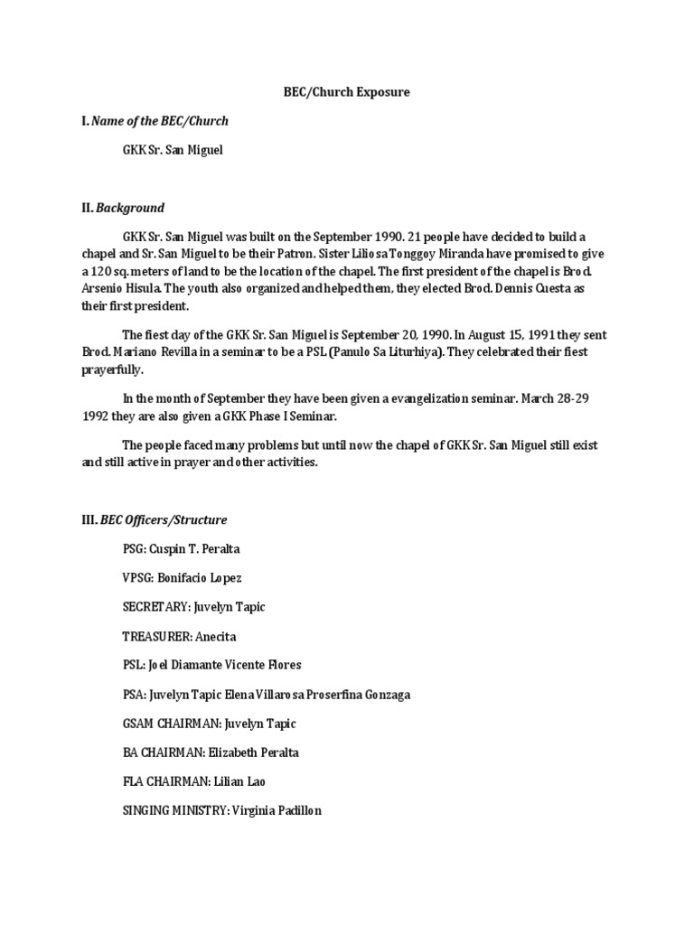 BEC/Church Exposure I. Name of The BEC/Church | PDF | Religious ...