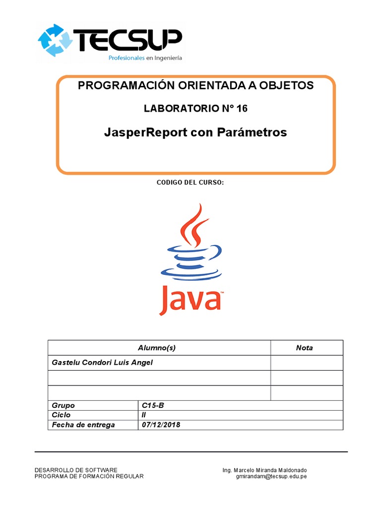 Lab 16 - JasperReports Con Parámetros-2018-2 | PDF | Java (lenguaje de ...
