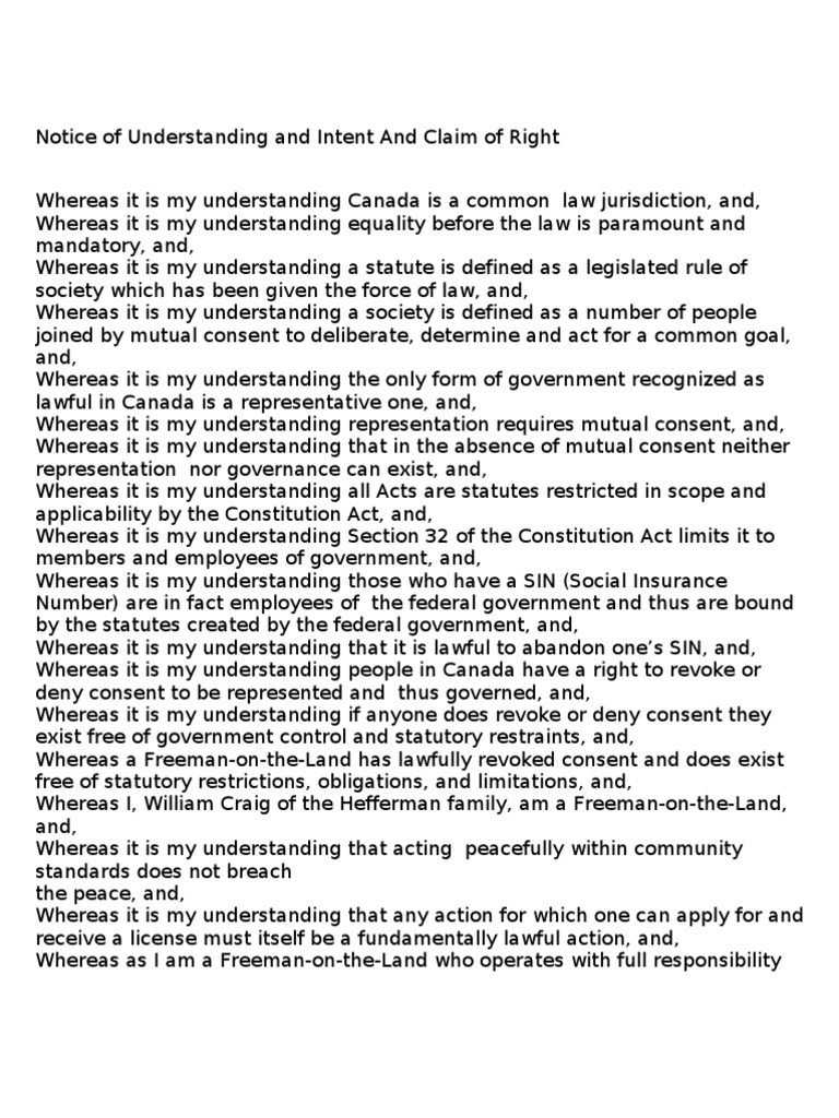 NOTICE of Understanding and Intent, CLAIM of Right | PDF | Notary ...