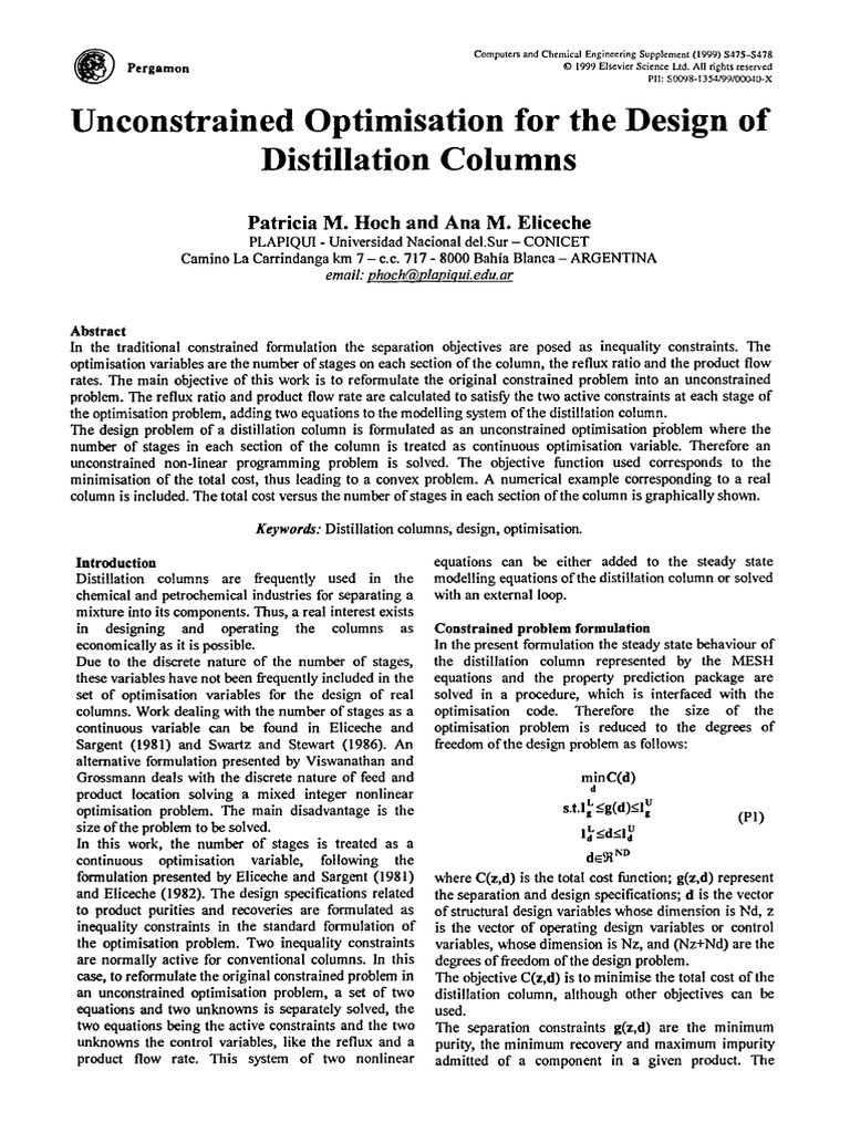 Unconstrained Optimisation For The Design of Distillation Columns | PDF | Mathematical ...