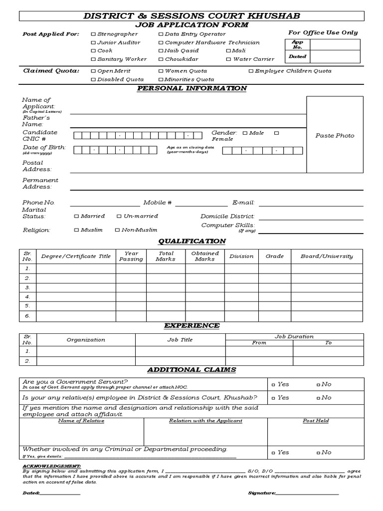 District & Sessions Court Khushab: Job Application Form | PDF | Social ...