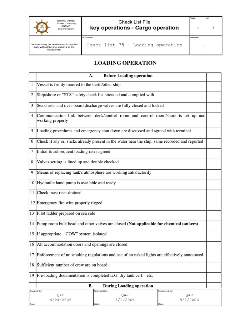 Check List 78 - Loading Operation | PDF | Oil Tanker | Ships