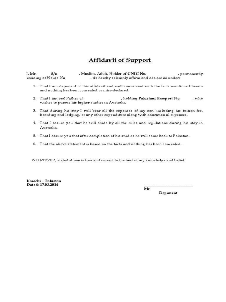 Affidavit of Support For MS - Sample | PDF