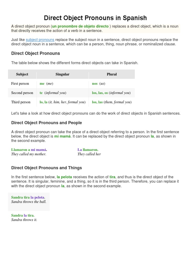 Direct Object Pronouns in Spanish | PDF | Pronoun | Grammatical Number