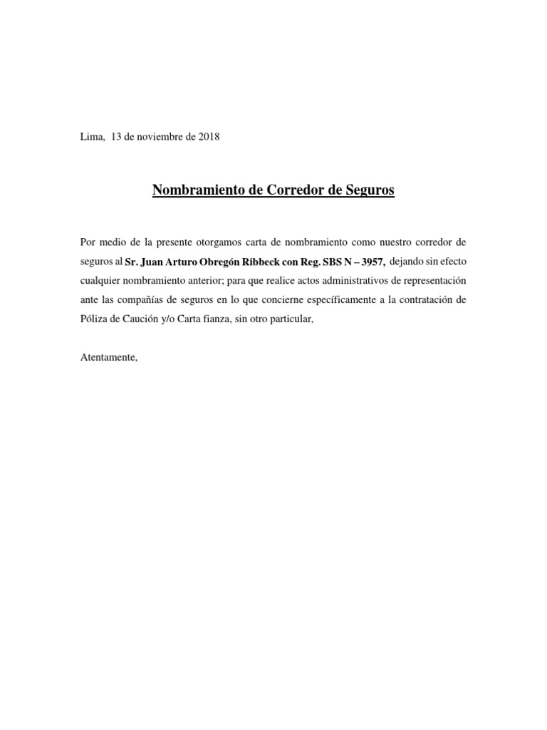 Carta de Nombramiento Corredor de Seguros | PDF