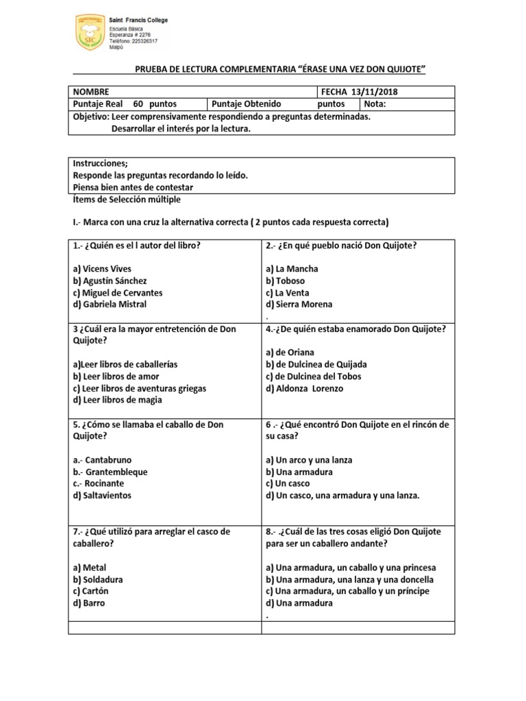 Prueba Erase Una Vez Don Quijote | PDF | Don Quijote | Ocio