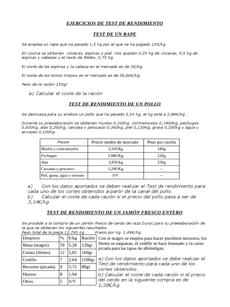 Ejercicios de Test de Rendimiento | PDF | Productos ganaderos | Cocinando