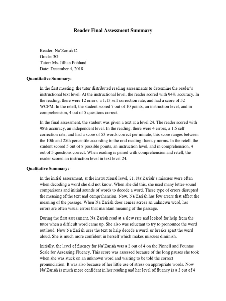 Final Reader Summary | PDF | Reading Comprehension | Fluency