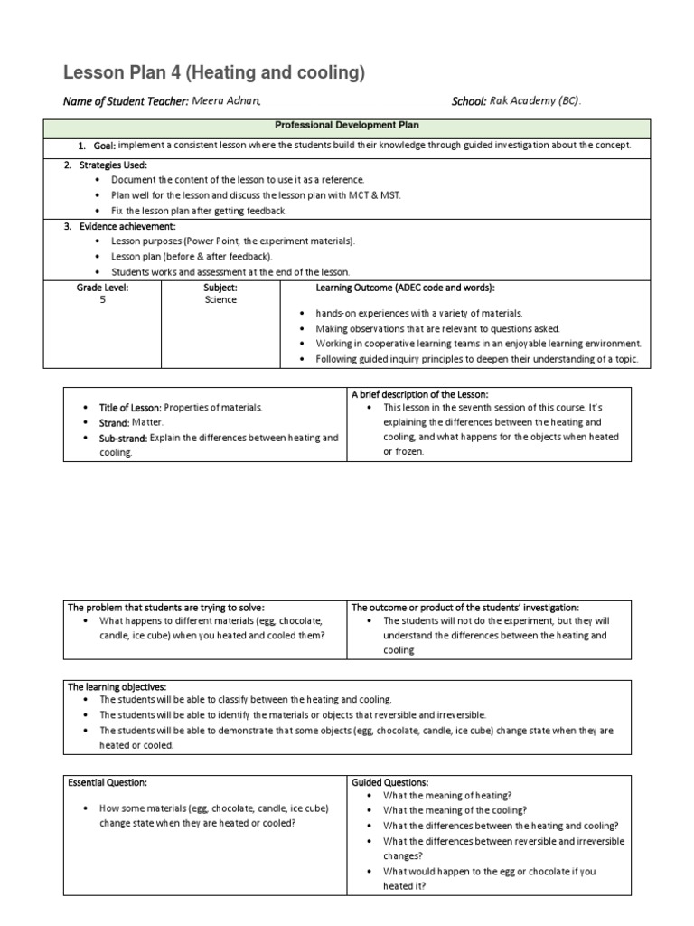 Lesson Plan 4 (Heating and Cooling) | PDF | Ice | Lesson Plan