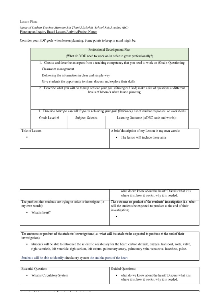 Lesson Plan Circulatory System | PDF | Heart | Atrium (Heart)