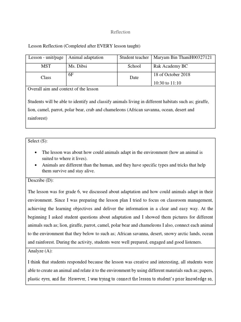 Lesson Reflection Animal Adaptation | Download Free PDF | Change | Learning