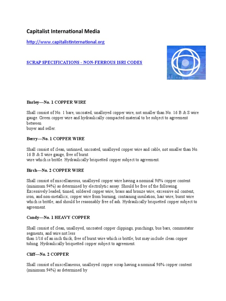 Scrap Specifications - Non-Ferrous Isri Codes | PDF | Brass | Metallic ...