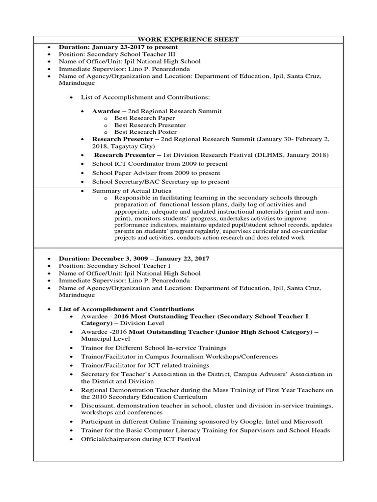 Work Experience Sheet | PDF | Educational Technology | Teachers