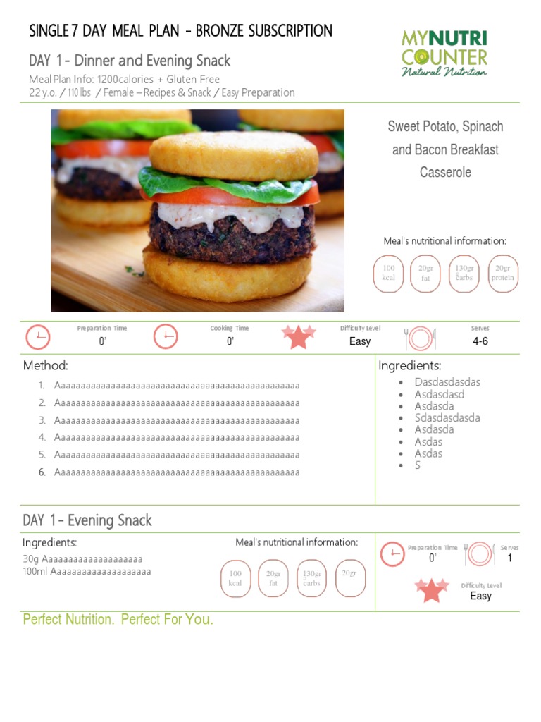 Single 7 Day Meal Plan - Bronze Subscription: DAY 1 - Dinner and ...