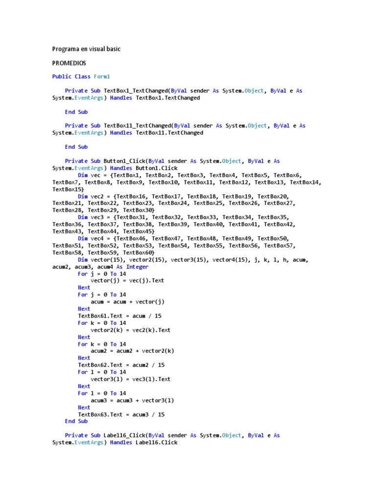Programa en Visual Basic Promedios: Form1 Object Eventargs | PDF