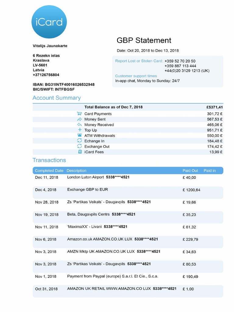 ICard GBP-Statement-Oct Dec 2018 | PDF