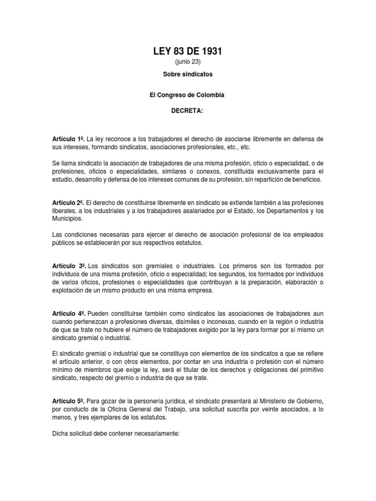 LEY 83 de 1931 | PDF | Sindicato | Cooperativa