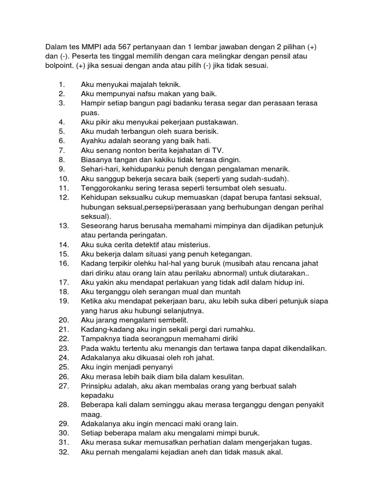Tes Kepribadian MMPI: Pertanyaan dan Contoh Jawaban | PDF