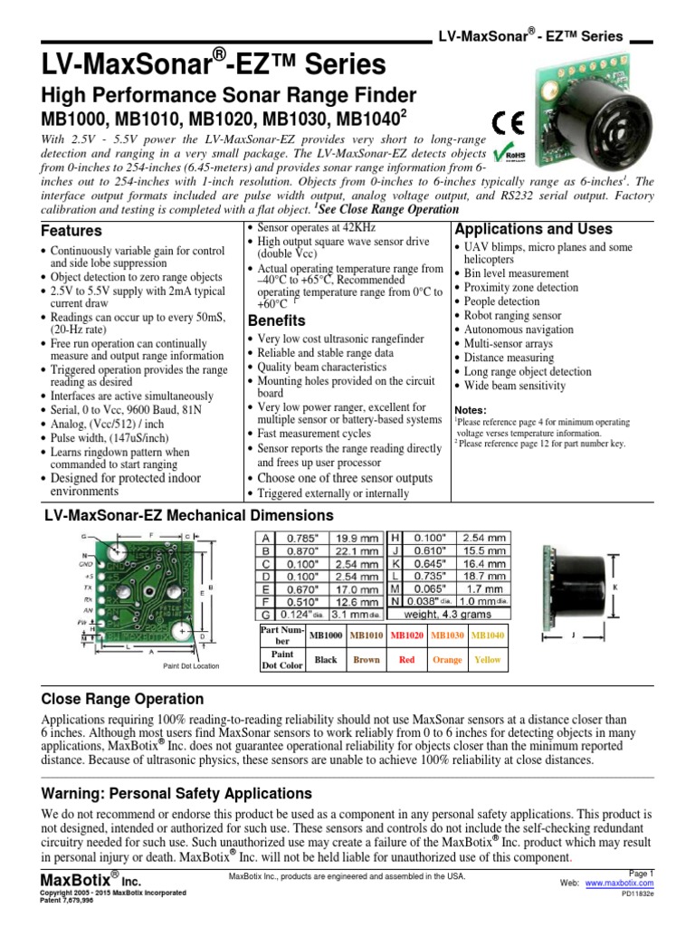 LV MaxSonar EZ Datasheet | PDF | Sensor | Ultrasound