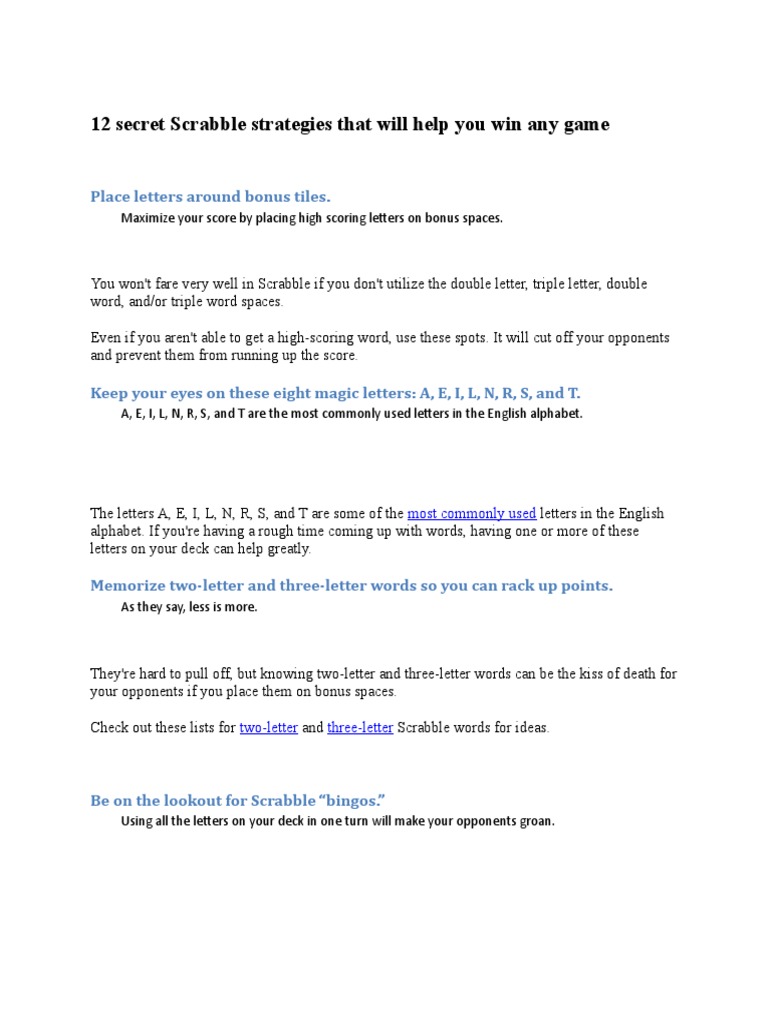 12 Secret Scrabble Strategies That Will Help You Win Any Game | PDF ...