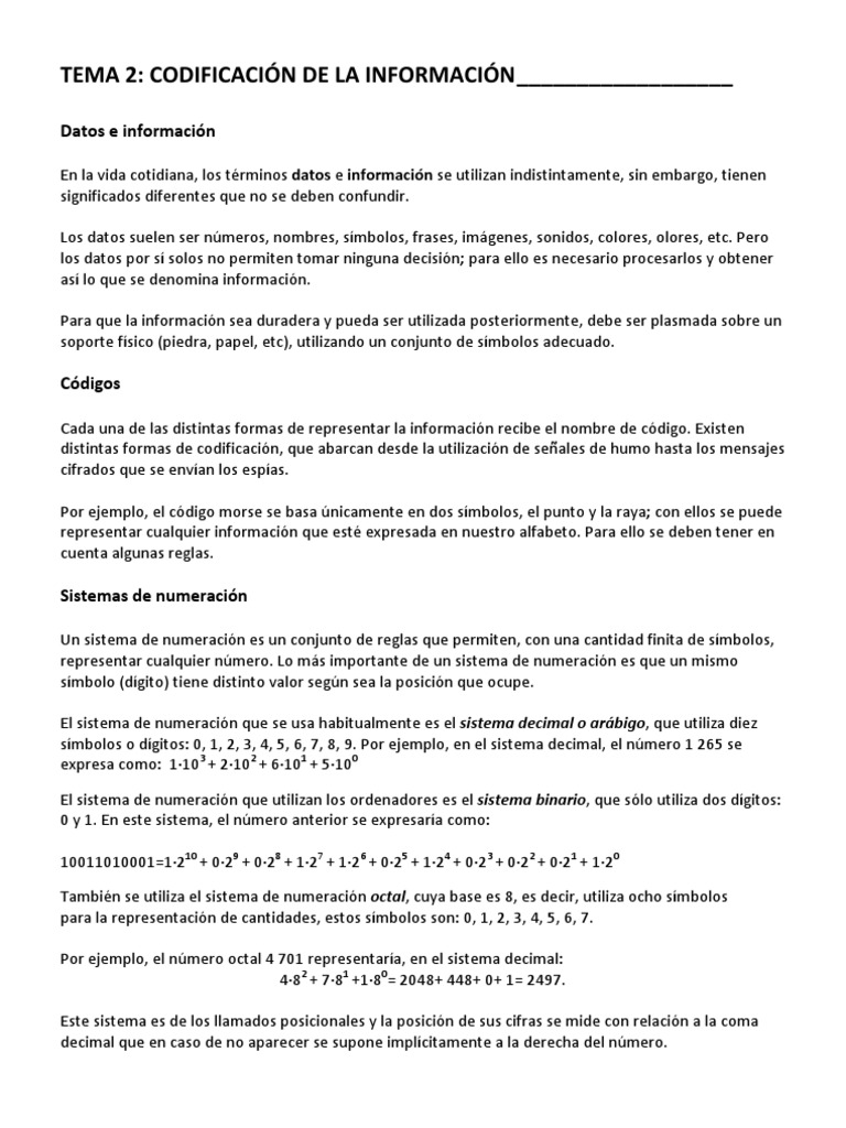Tema 2 - Codificación de La Información | PDF | Byte | Poco