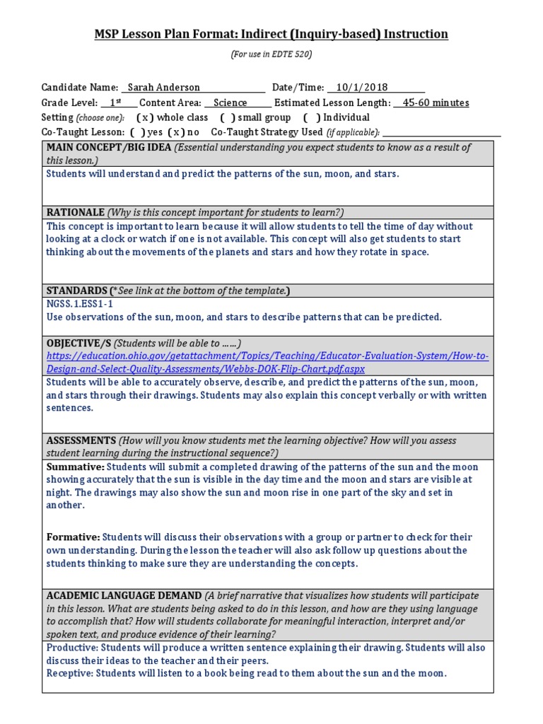 MSP Lesson Plan Format: Indirect (Inquiry-Based) Instruction | PDF ...