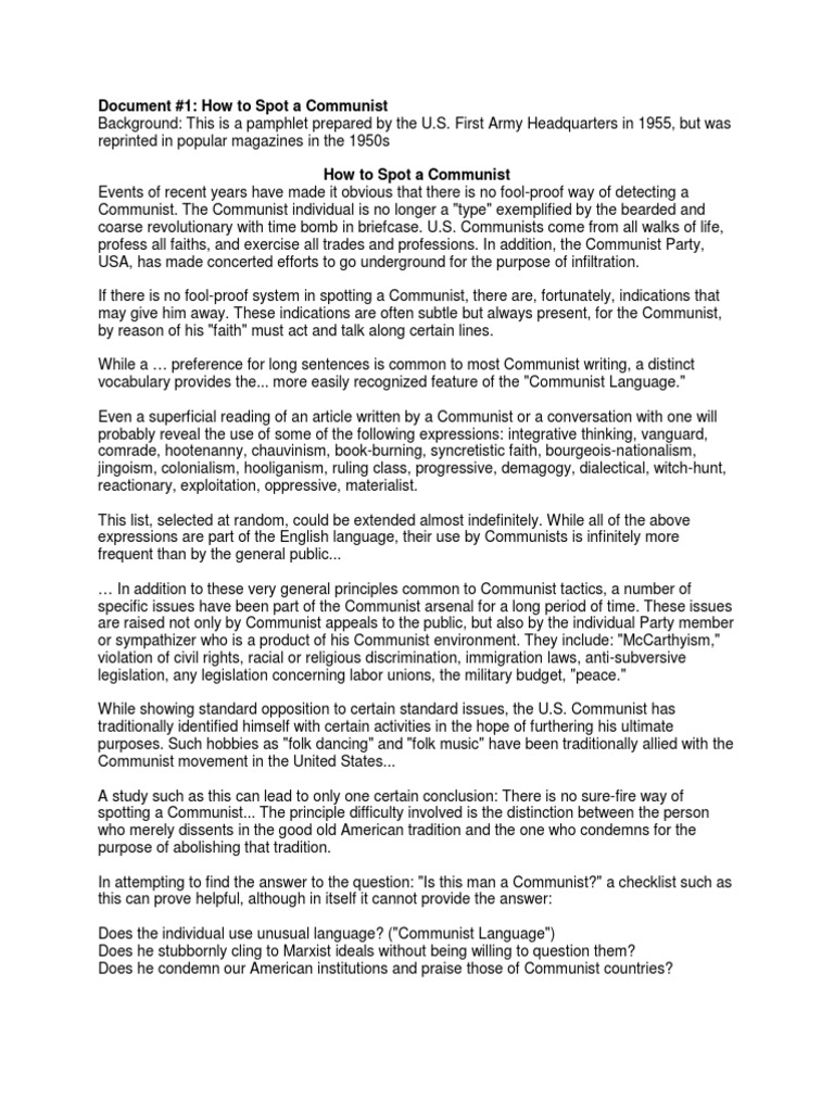 U.S. Army Pamphlet 1955:how To Spot A Communist | PDF | Communism | The ...