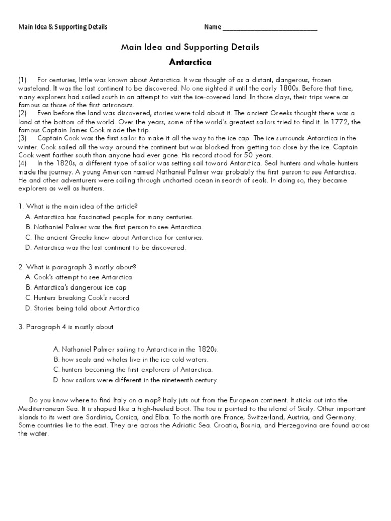 Main Idea and Supporting Details Pre-Post Test | PDF | Antarctica | Sky