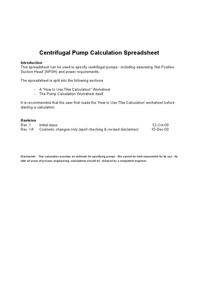 Centrifugal Pump Calculation Spreadsheet | Download Free PDF | Pump | Gases