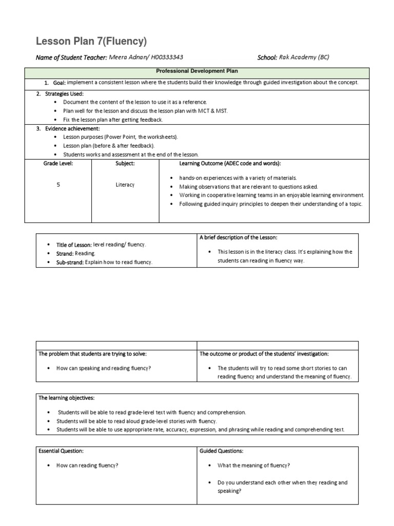 Lesson Plan 7 (Fluency) | PDF | Lesson Plan | Fluency