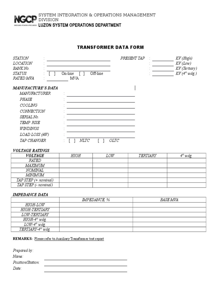 Transformer Data Form Template | PDF | Computers