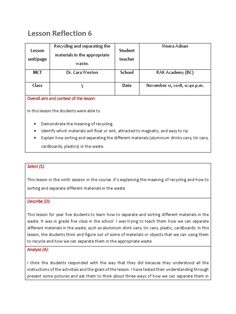Lesson Reflection 6 | PDF | Recycling | Educational Psychology