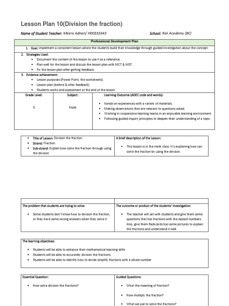 Lesson Plan 10 (Division The Fraction) | PDF | Lesson Plan | Fraction ...