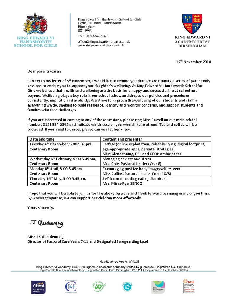 Follow Up Letter To Parents Re Talks Nov 2018 | PDF | Mental Health ...