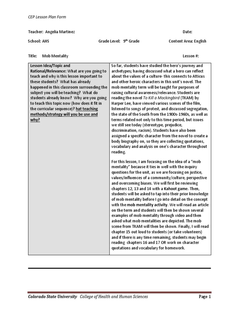 Methods - Mob Mentality Cep Lesson Plan | PDF | Lesson Plan | Question