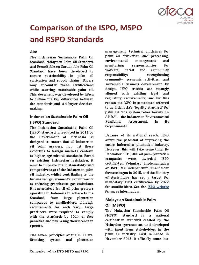Efeca PO Standards Comparison | PDF | Palm Oil | Regulatory Compliance