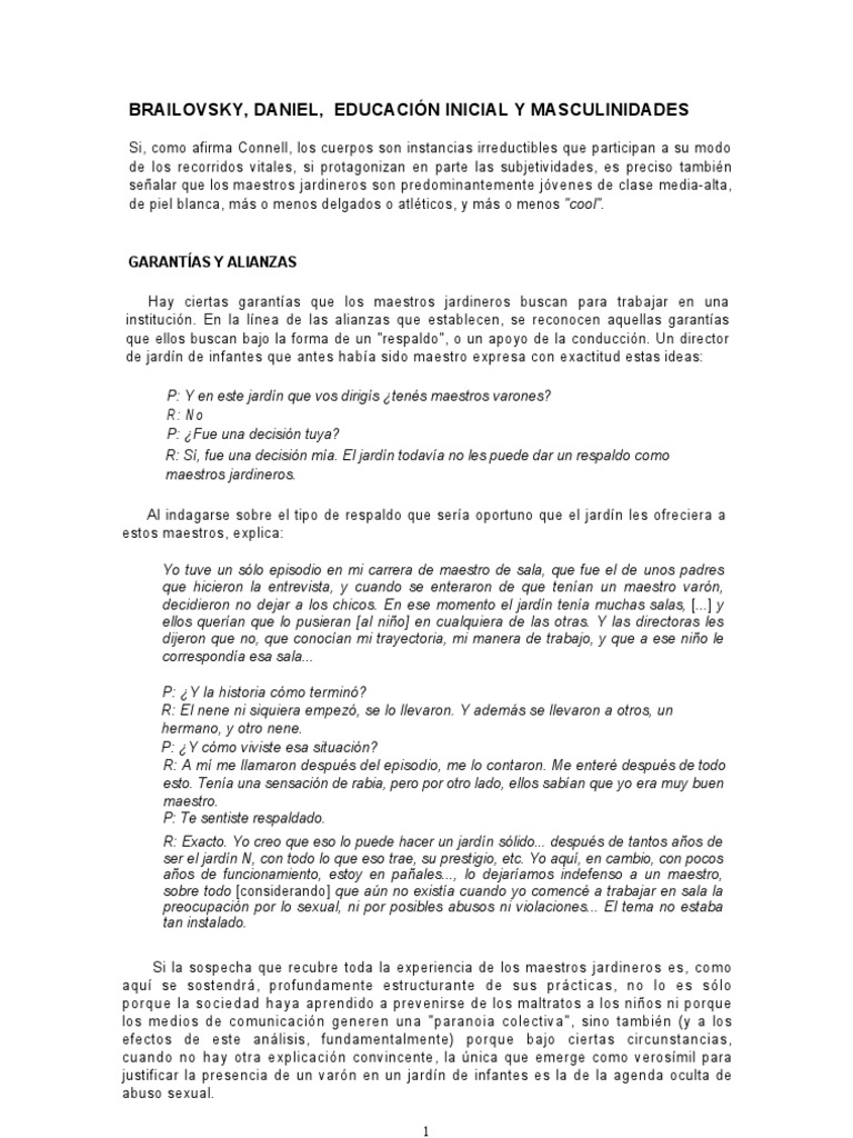 Brailovsky, Daniel - Educación Infantil y Masculinidades | PDF | Educación de la primera ...