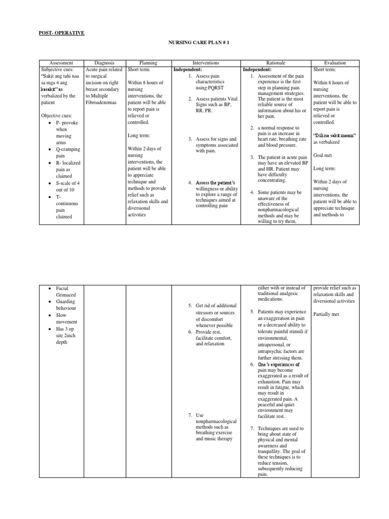 Post-Operative Nursing Care Plan # 1 | PDF | Pain | Wound