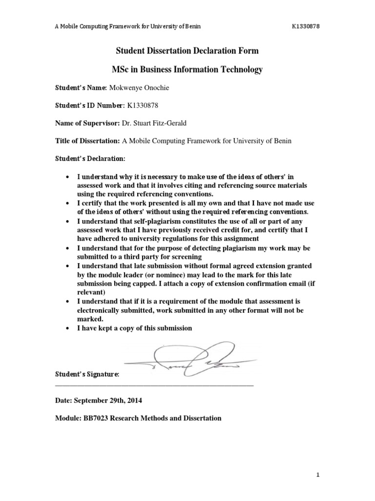 Student Dissertation Declaration Form MSC in Business Information ...