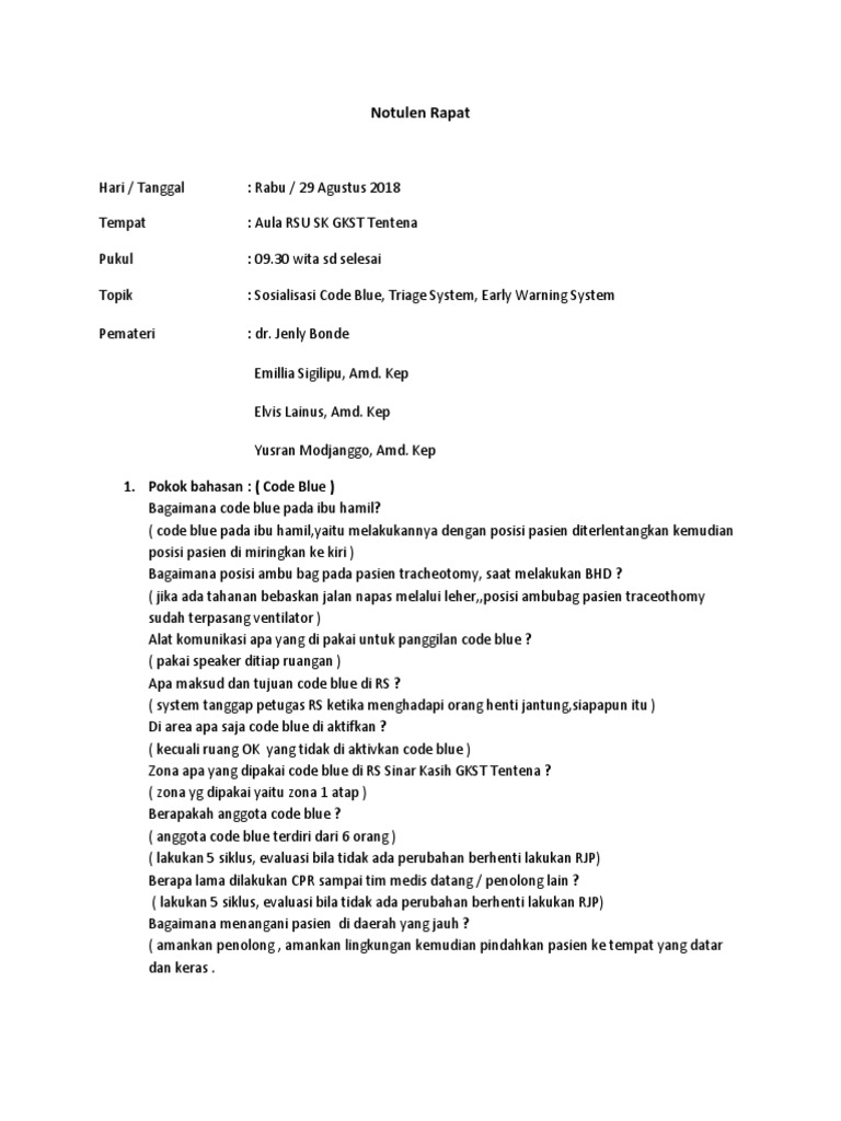 Notulen Rapat Sosialisasi Code Blue dan Triage | PDF | Pengembangan Diri | Sains & Matematika