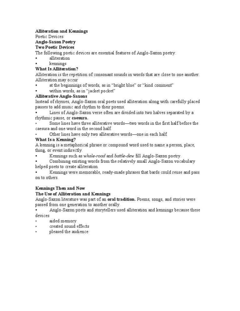 Alliteration and Kennings in Anglo-Saxon Poetry | PDF