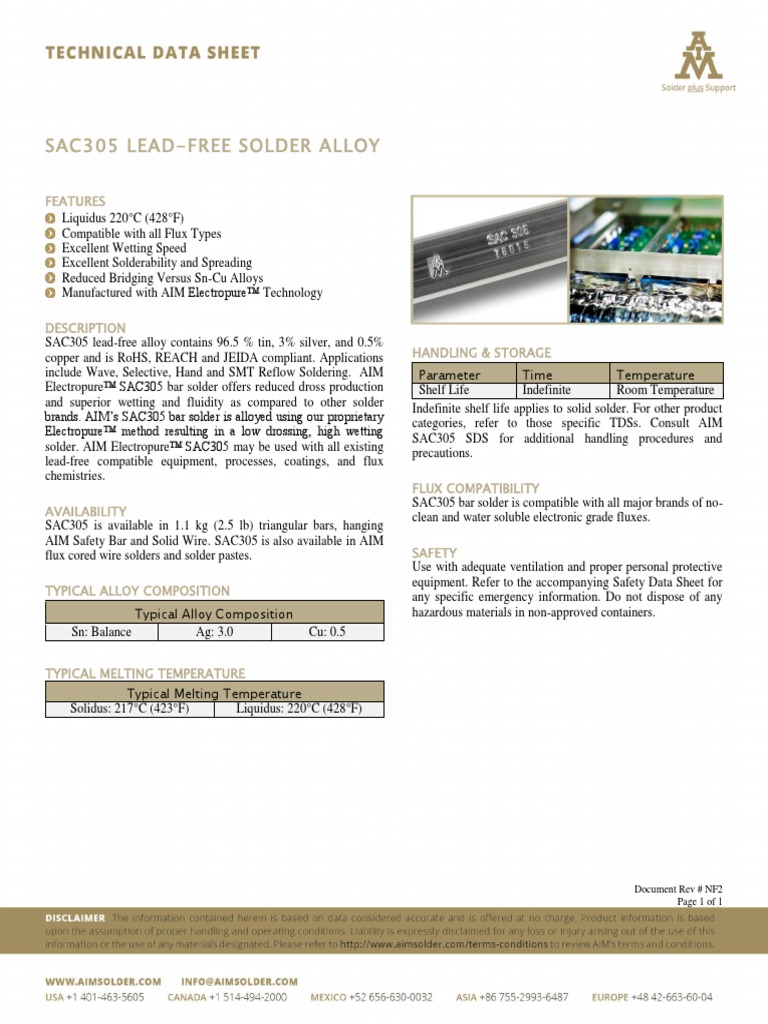 Sac305 Lead-Free Solder Alloy: Features | PDF | Solder | Metals