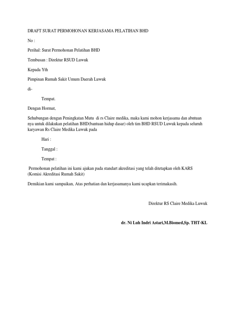 Draft Surat Permohonan Kerjasama Pelatihan BHD, Apar | PDF