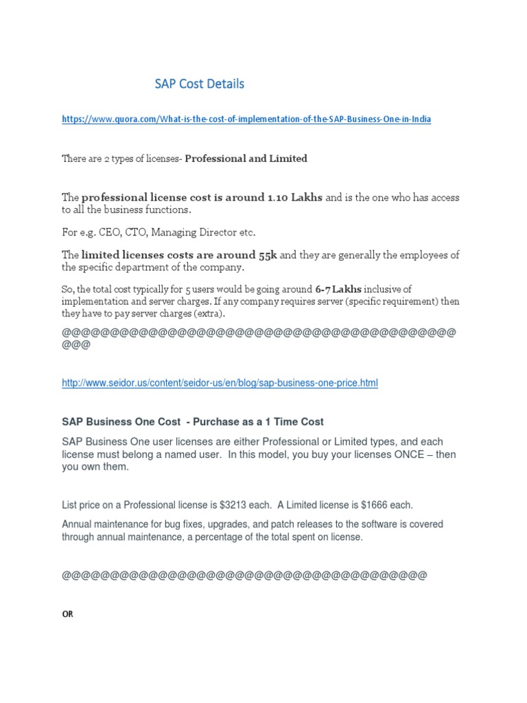 SAP Cost Details: SAP Business One Cost - Purchase As A 1 Time Cost ...