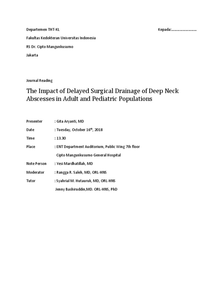 The Impact of Delayed Surgical Drainage of Deep Neck Abscesses in Adult ...