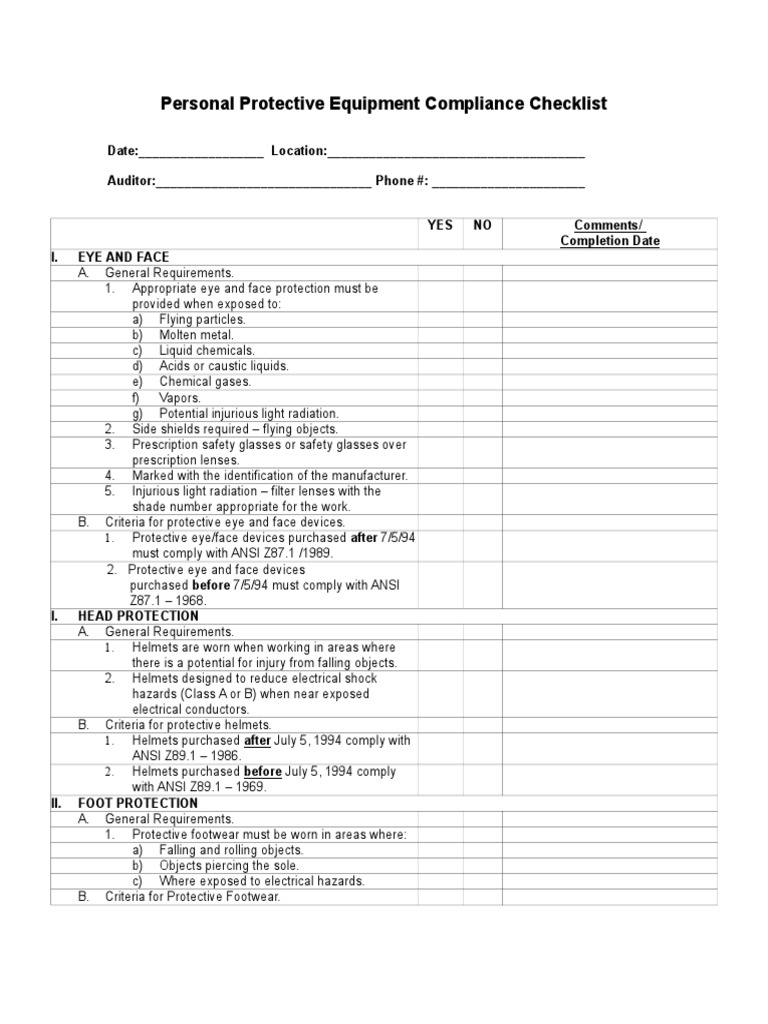 PPE Compliance Audit Checklist | PDF | Personal Protective Equipment ...