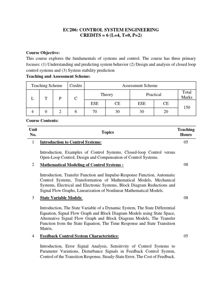 Ec206: Control System Engineering CREDITS 6 (L 4, T 0, P 2) | PDF