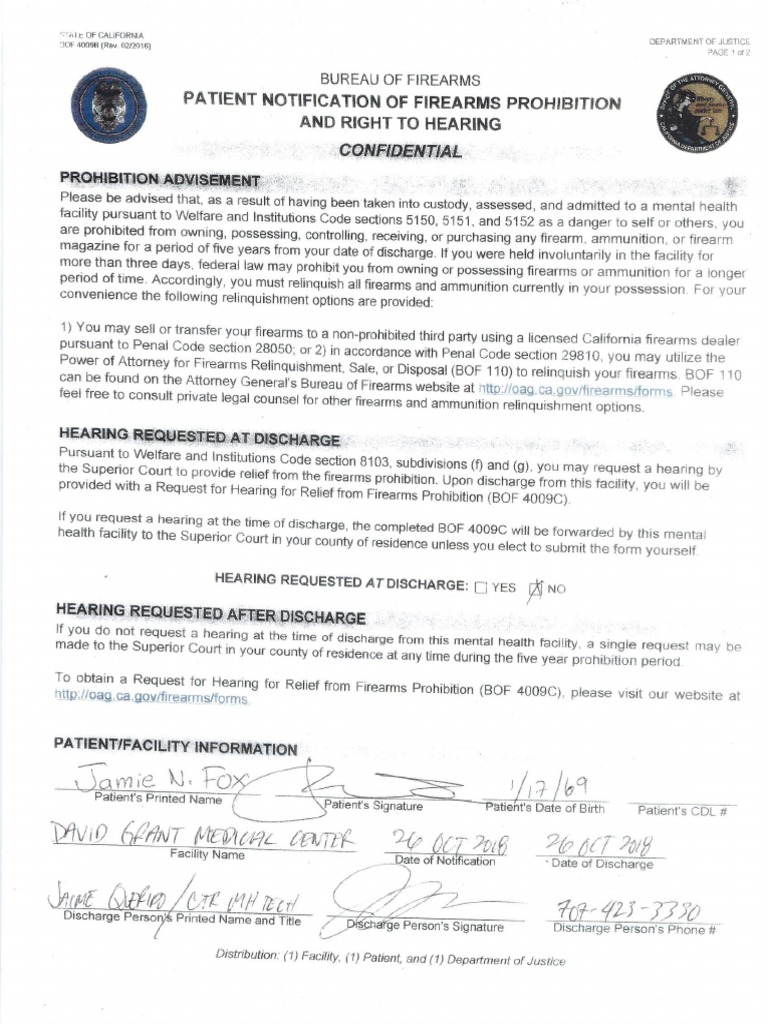Patient Notification of Firearms Prohibition and Right to Hearing (1 ...